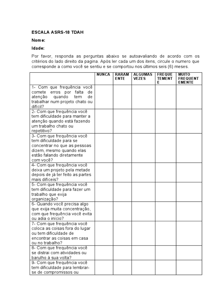 5 Escala Asrs | PDF | Transtorno de déficit de atenção e hiperatividade