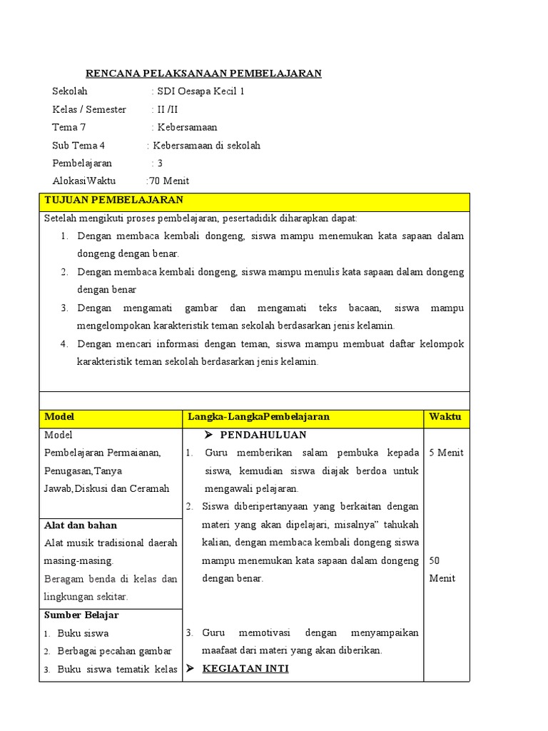 RPP Kelas 2 Tema 7 | PDF