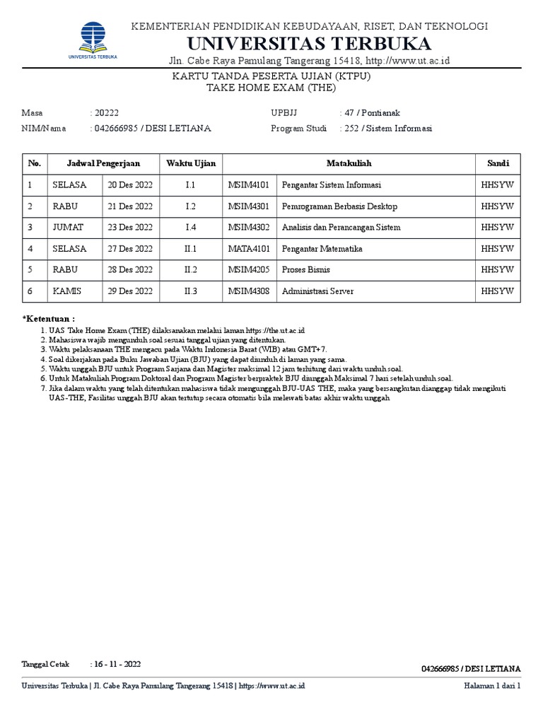 Jadwal Ujian Take Home Exam dan Ujian Online | PDF