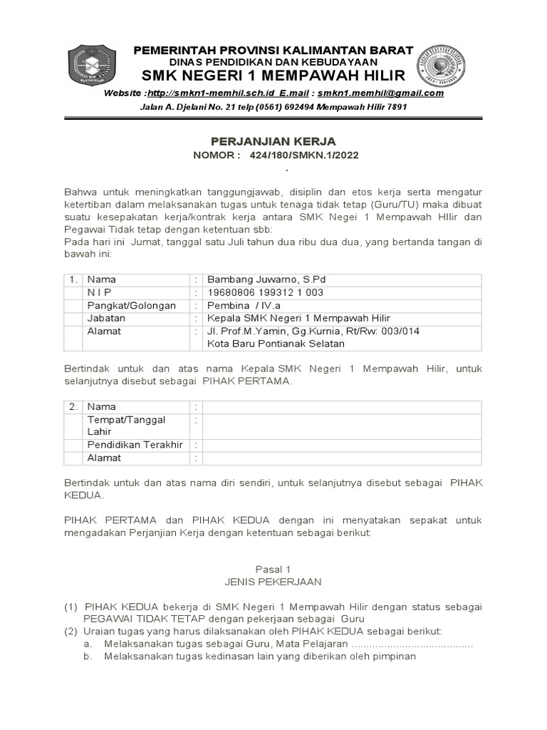Perjanjian Kerja Guru Honorer | PDF