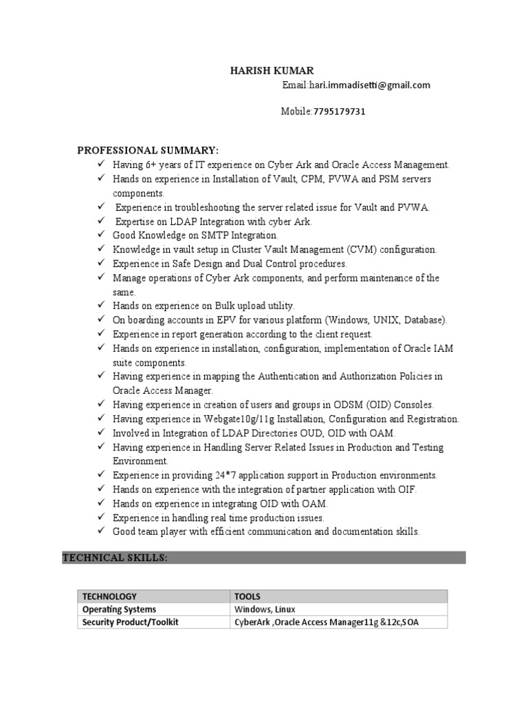 Harish Kumar's Resume Detailing Over 6 Years of Experience in CyberArk ...