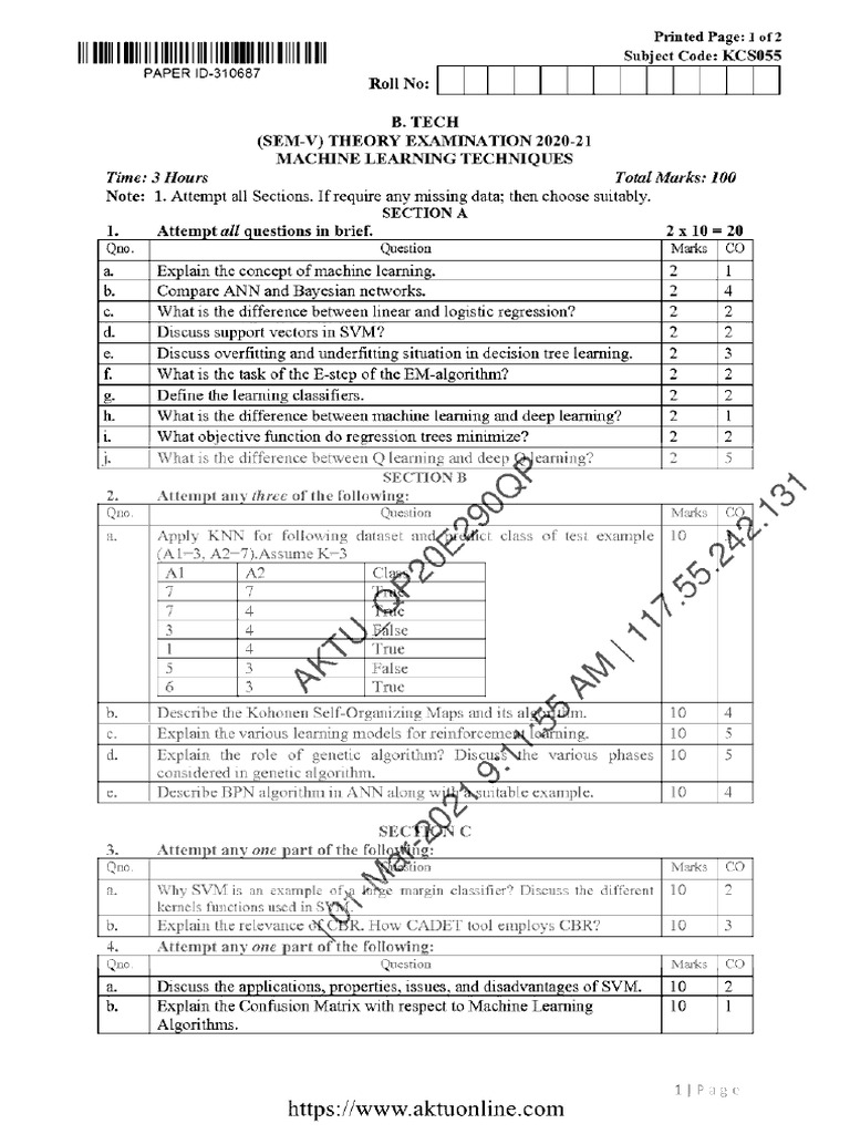 Btech Cs 5 Sem Machine Learning Techniques Kcs055 2021 | PDF