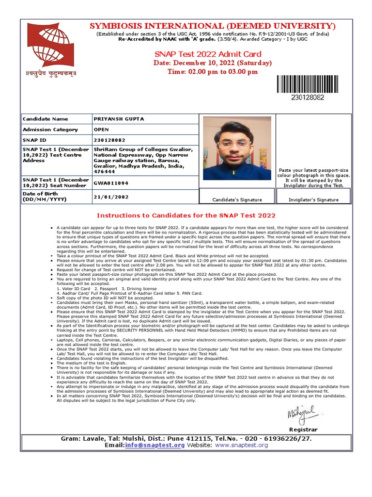 Admit Card - SNAP 2022 | PDF | Identity Document | Authentication