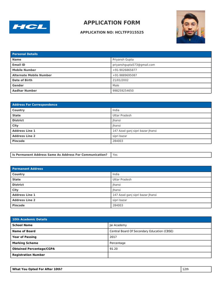 HCL Job Application Form Summary | PDF | Academic Degree