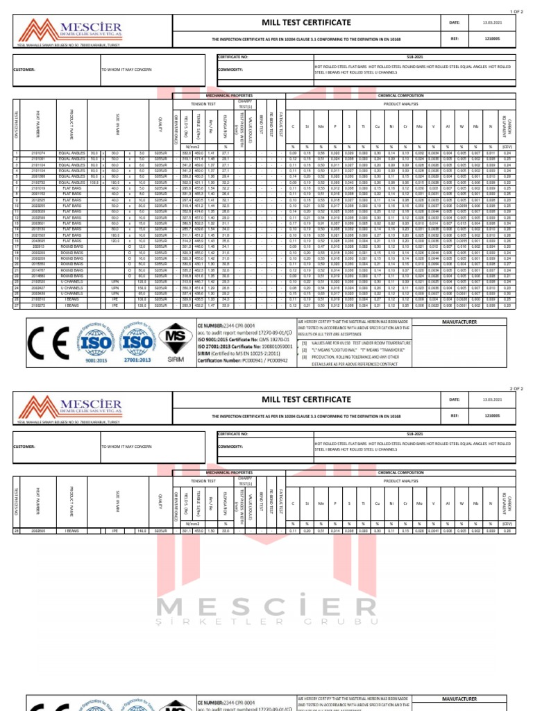 1 MTC | PDF | Rolling (Metalworking) | Steel