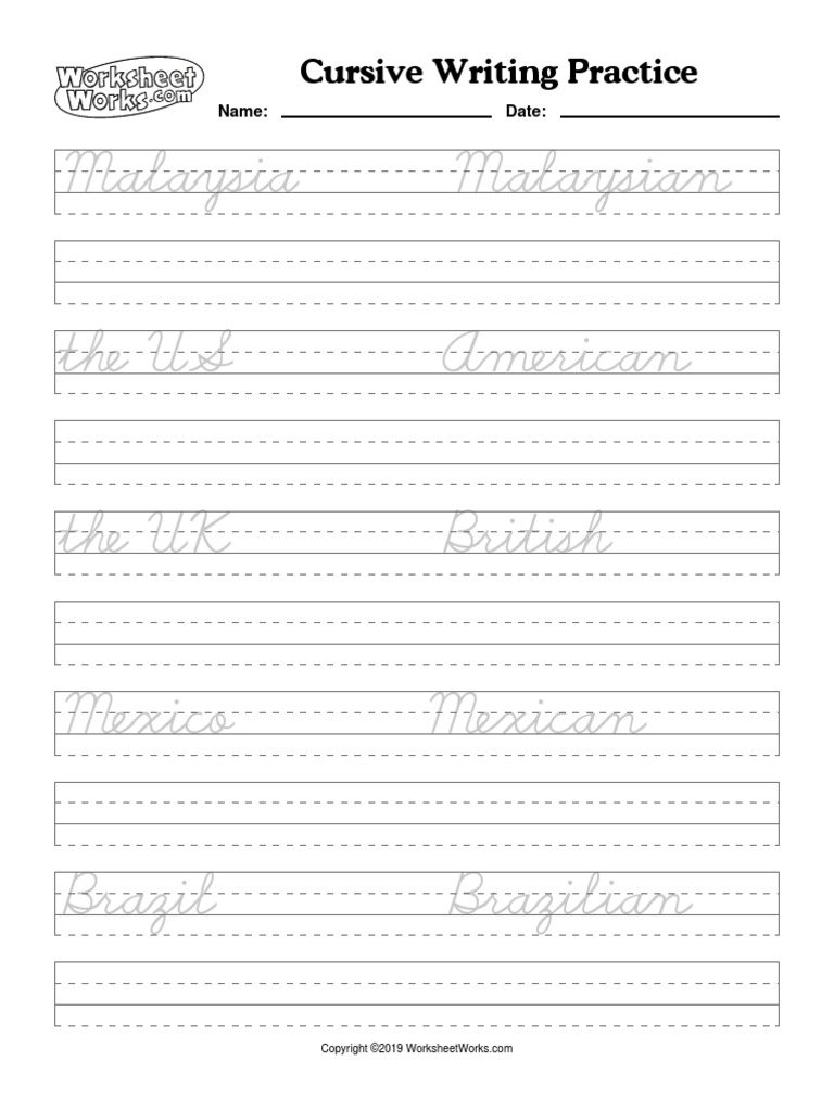 Cursive Writing Countries and Nationalities | PDF