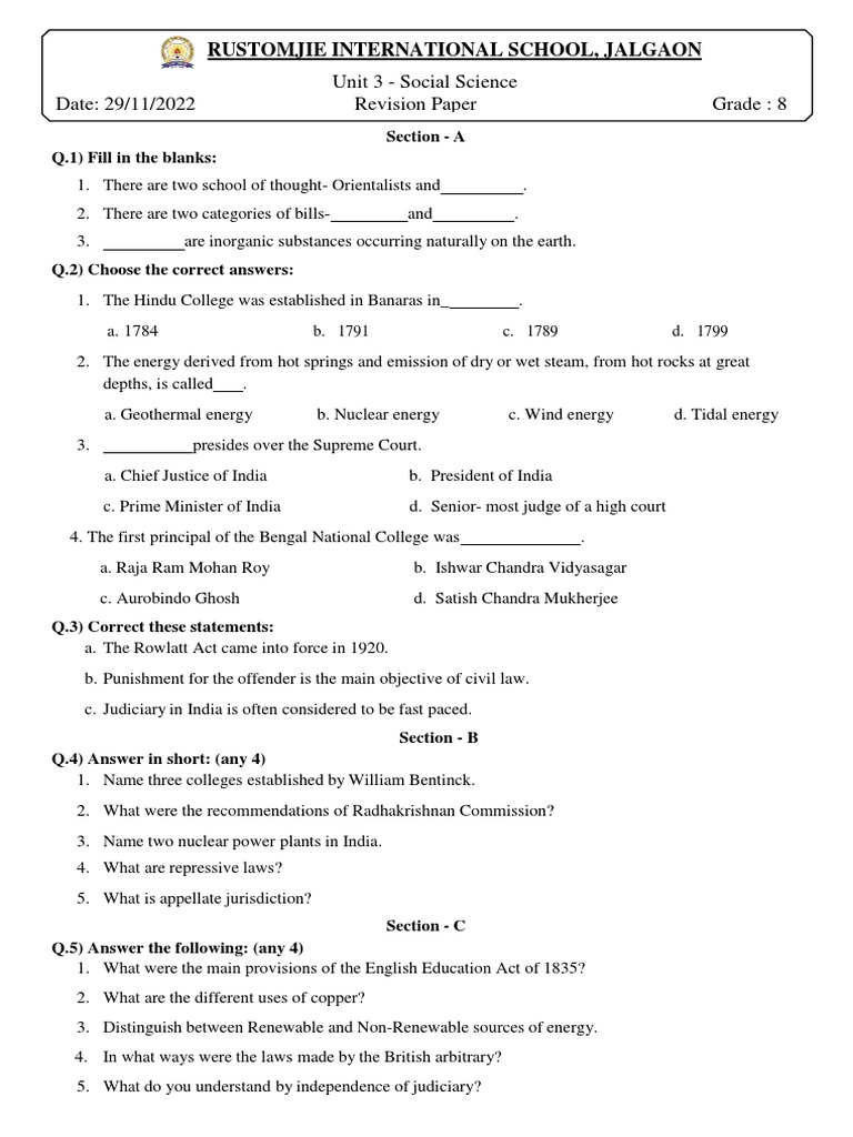 Unit 3 - Grade 8 Social Science Revision Paper | PDF | British Raj ...