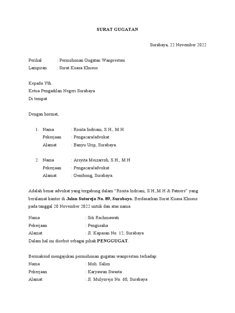 Surat Gugatan Perdata | PDF