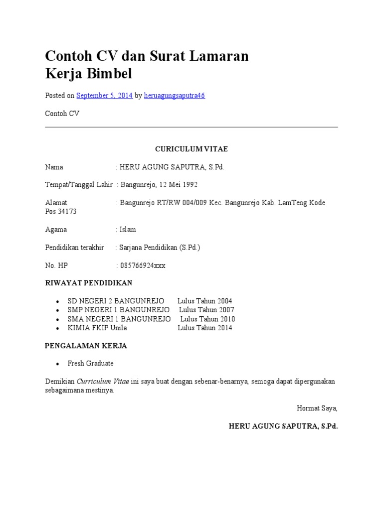 Contoh CV Dan Surat Lamaran Kerja | PDF