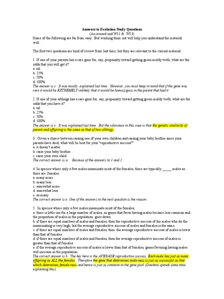 15 Answers To Evolution Study Questions W13 | PDF | Gene | Parent