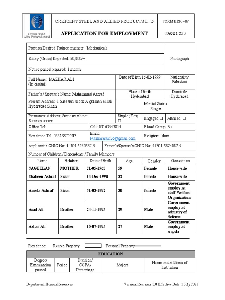 Form HRR - 07 Application For Employment | PDF | Employment