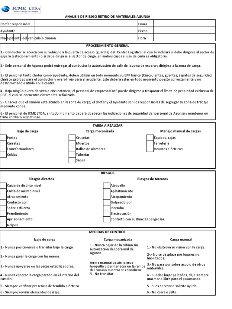Análisis de riesgos y medidas de seguridad para el retiro de materiales en Agunsa | PDF