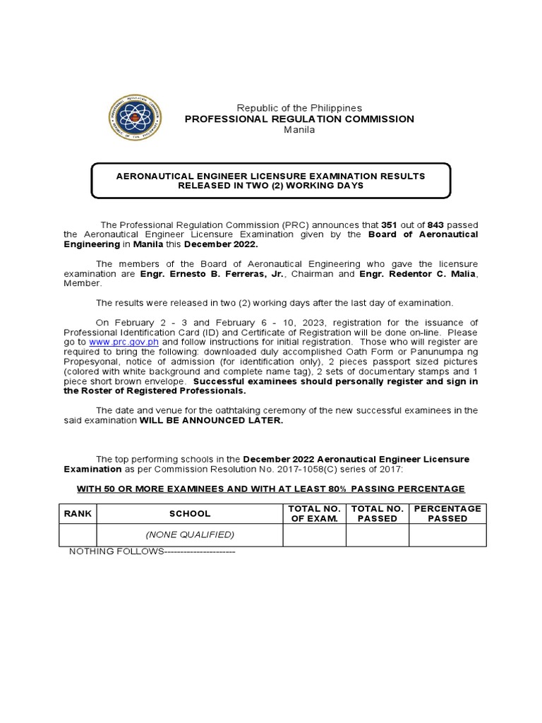 2022 Aeronautical Engineer Exam Results | PDF | Government And ...