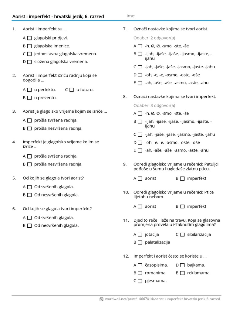 Aorist I Imperfekt - Hrvatski Jezik, 6. Razred | PDF