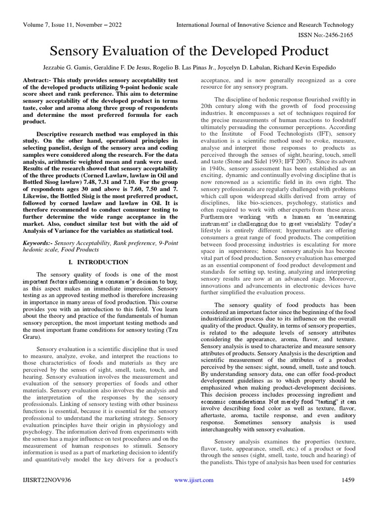 Sensory Evaluation of The Developed Product | PDF | Perception | Senses