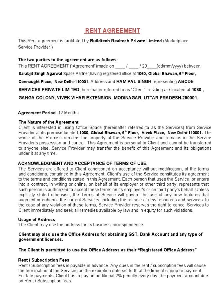 InstaSpaces Virtual Office Rent Agreement Format (Business Registration ...