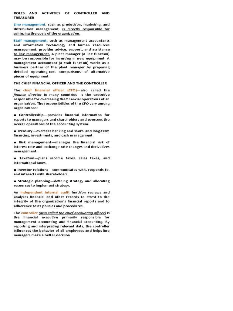 Roles and Activities of Controller and Treasurer | PDF