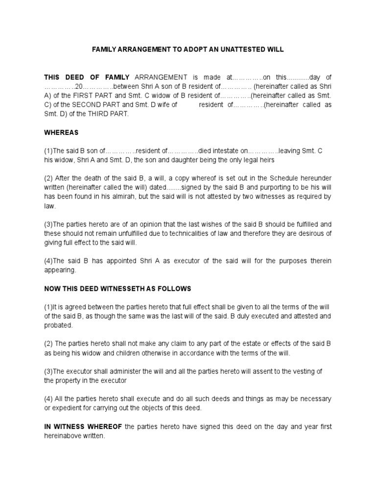 Family Arrangement To Adopt An Unattested Will | PDF