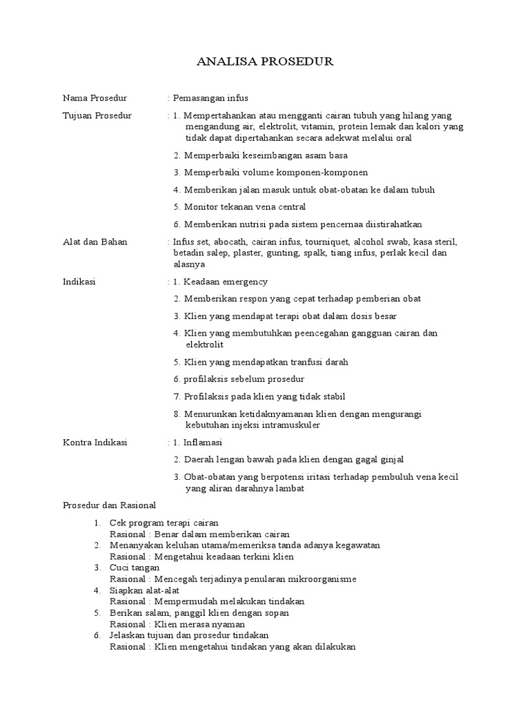 ANALISA PROSEDUR 1 Pasang Infus | PDF