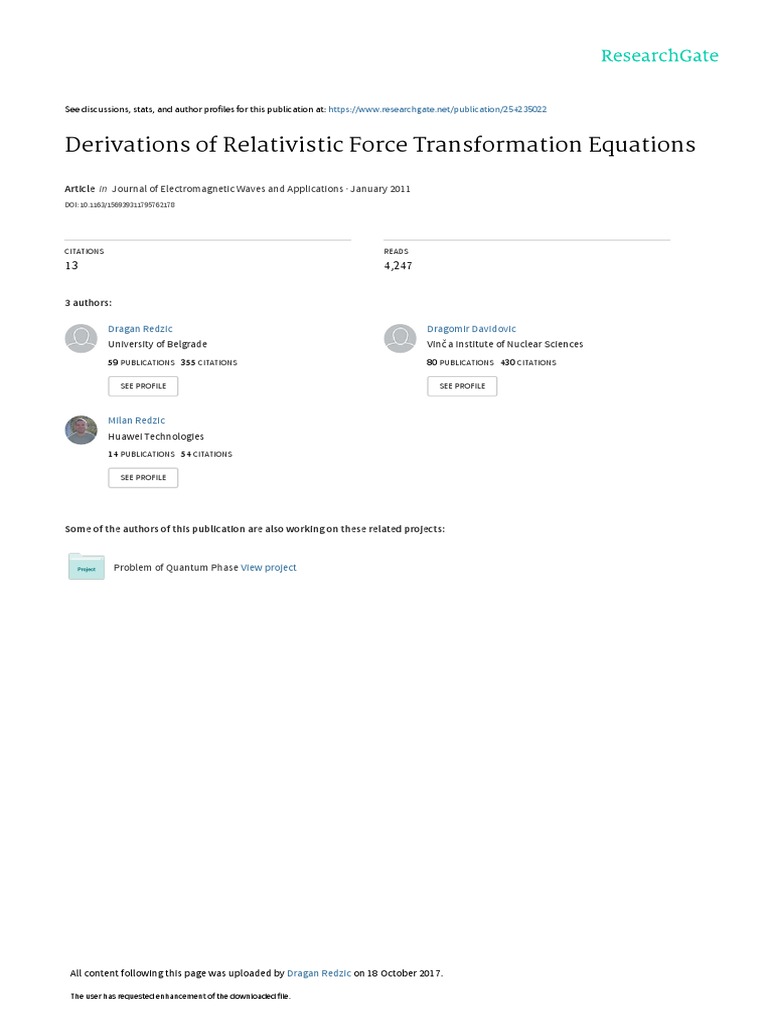 Derivations of Relativistic Force Transformation E | PDF | Special Relativity | Force