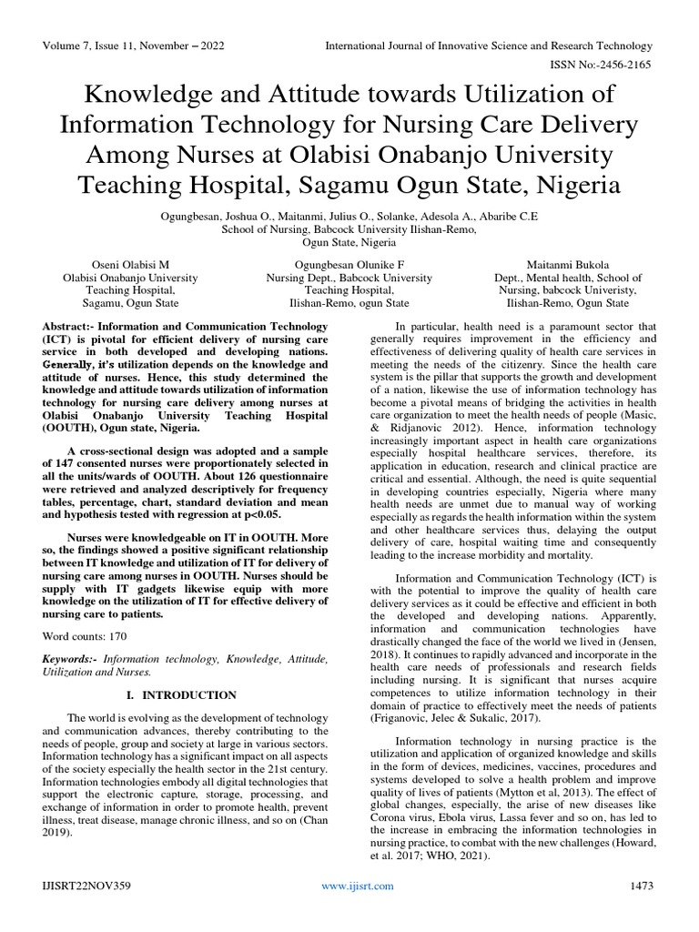 Knowledge and Attitude Towards Utilization of Information Technology For Nursing Care Delivery ...