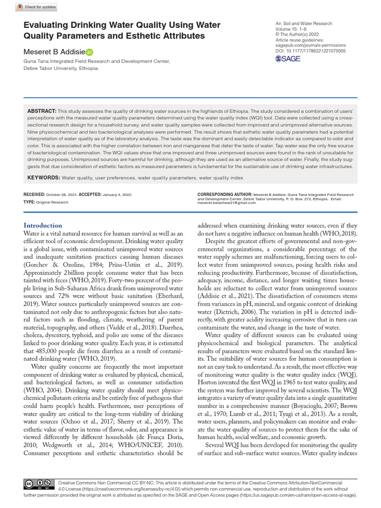 Evaluating Drinking Water Quality Using Water Quality Parameters and ...