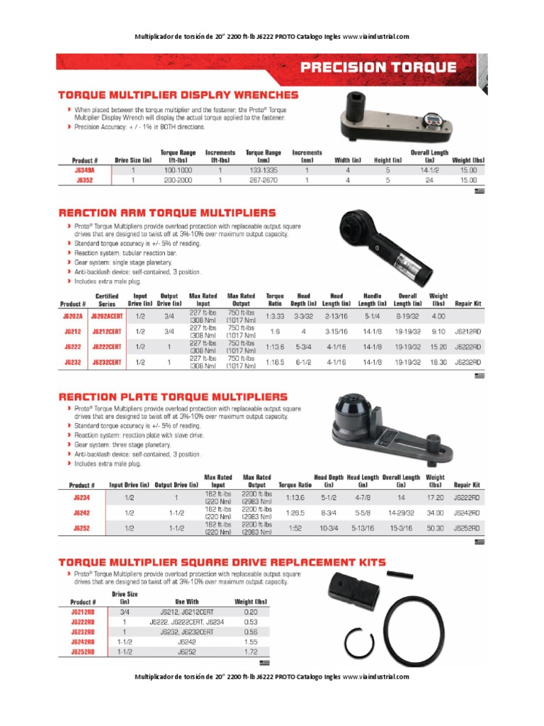 Multiplicador de Torsion de 20 2200 FT LB j6222 Proto Catalogo Ingles | PDF