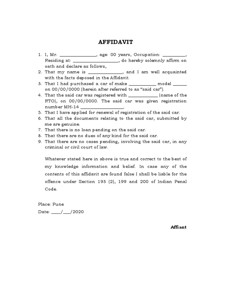 Affidavit - Vehicle RC Renewal | PDF