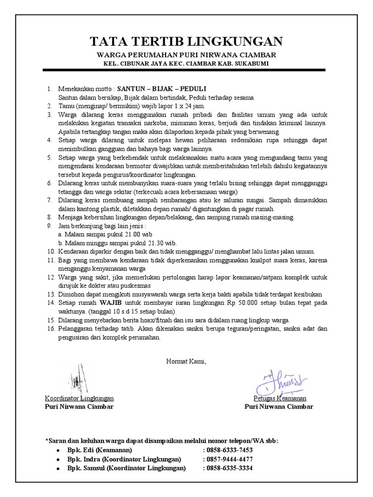 ATURAN DAN TATA TERTIB LINGKUNGAN PERUMAHAN PURI NIRWANA CIAMBAR | PDF
