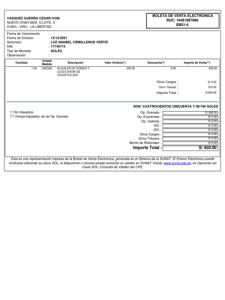Boleta de Venta Electrónica: Alquiler Sonido y Luces | PDF