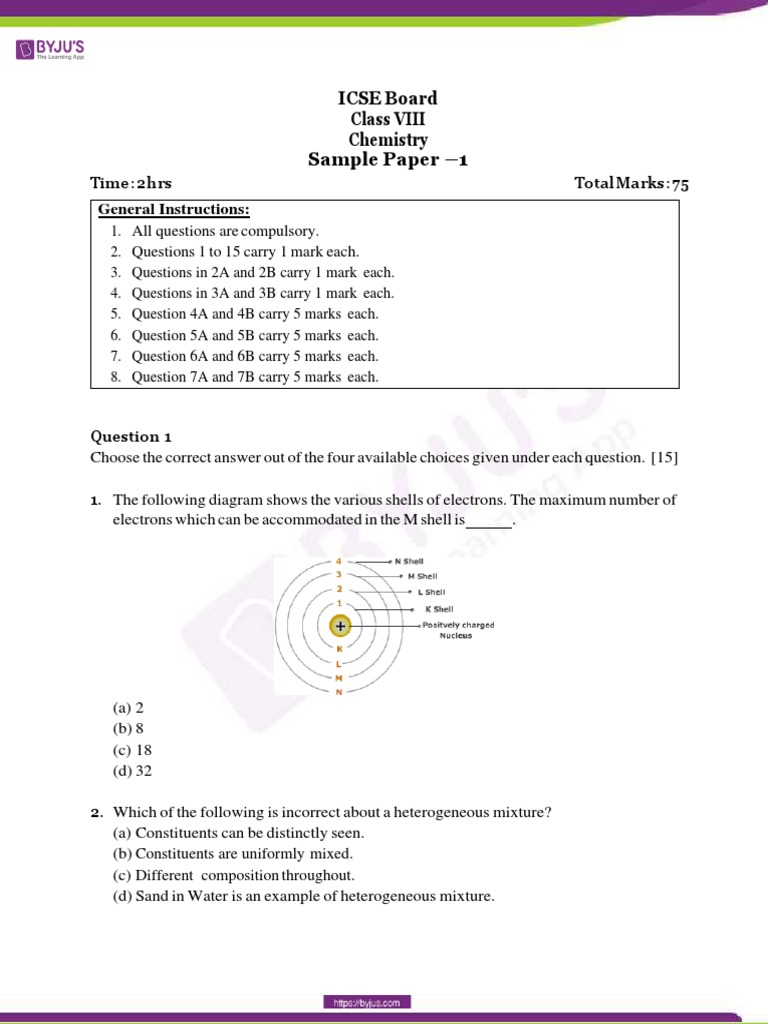 ICSE Class 8 Chemistry Sample Paper 1 | PDF | Solubility | Atoms