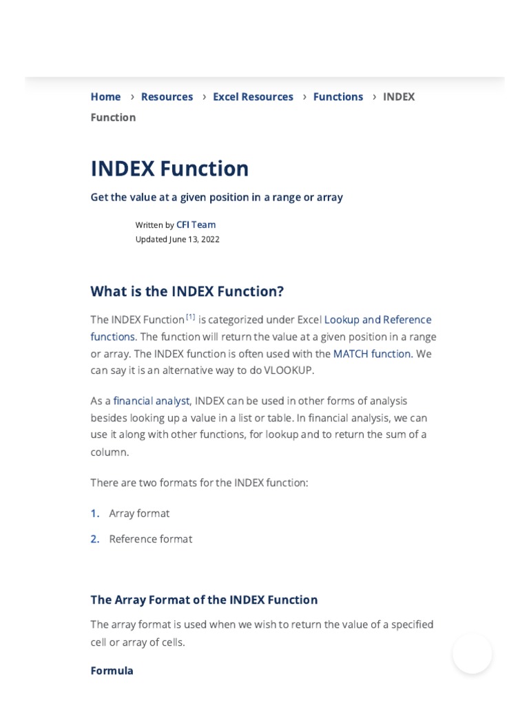 INDEX Function - Formula, Examples, How To Use Index in Excel | PDF ...