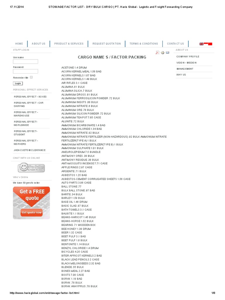 STOWAGE_FACTOR_LIST_DRY_BULK_CARGO_PT_Ha | PDF | Chemistry | Chemical ...