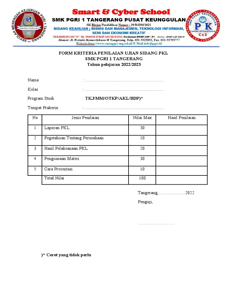 Form Penilaian Ujian Sidang PKL | PDF