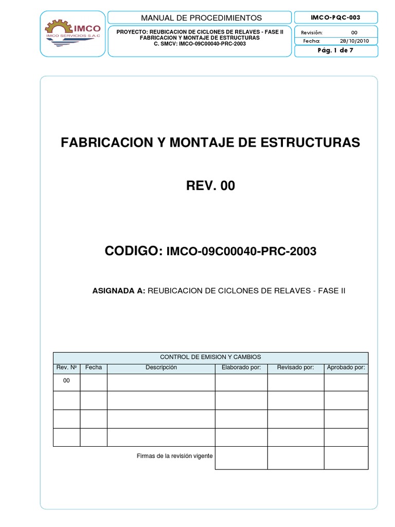 IMCO-PQC-003 - Procedimiento de Fabricación y Montaje de Estructuras | Descargar gratis PDF ...