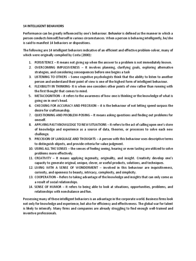 14 INTELLIGENT BEHAVIORS | PDF | Thought | Creativity