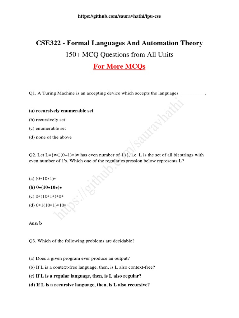 CSE322 Formal Languages and Automation Theory 150+ MCQ Questions | PDF | Models Of Computation ...