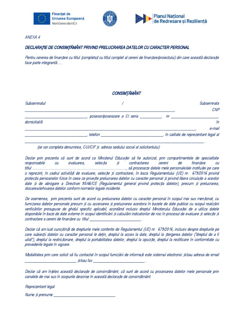 Declaratie de Consimtamant Privind Prelucrarea Datelor Cu Caracter Personal | PDF