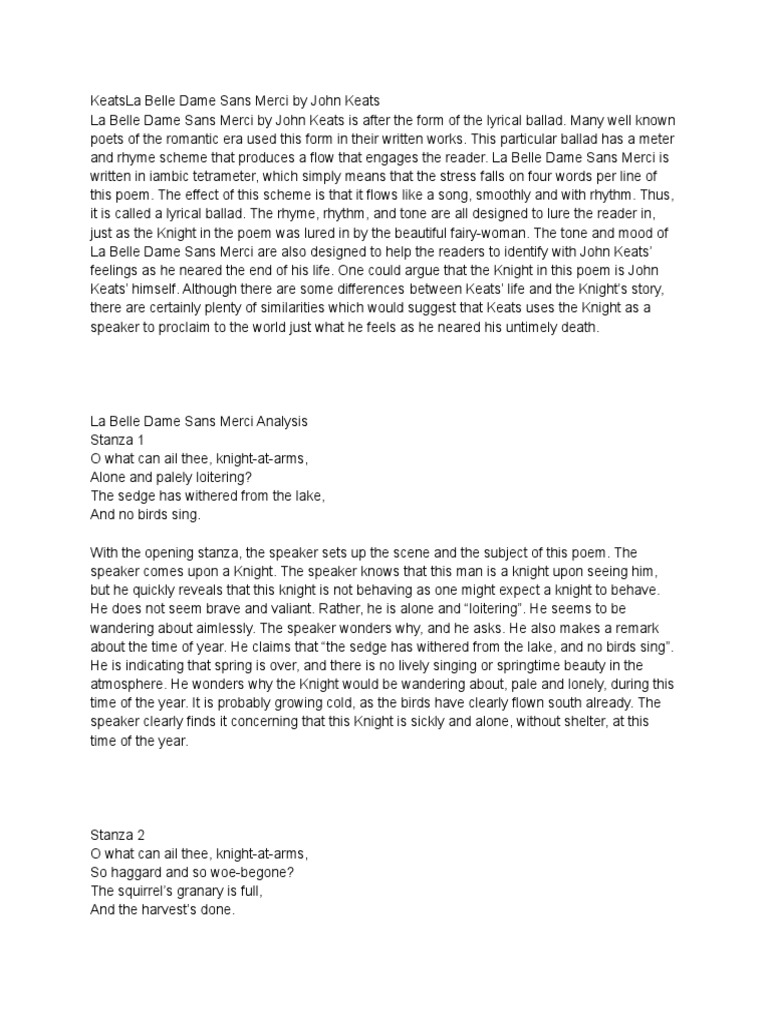 Literature II, "La Belle Dame Sans Merci" | PDF | John Keats | Poetry