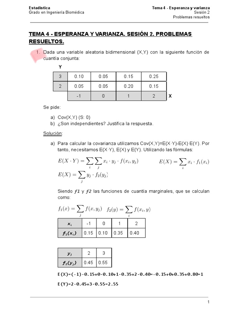 Tema 4 - Esperanza y Varianza. Sesión 2. Problemas Resueltos. | PDF ...