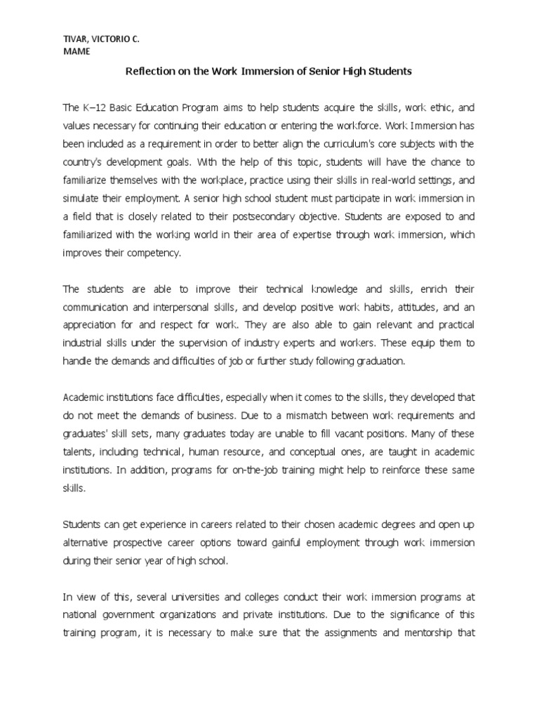 Reflection On The Work Immersion of Senior High Students | PDF | Expert | Skill