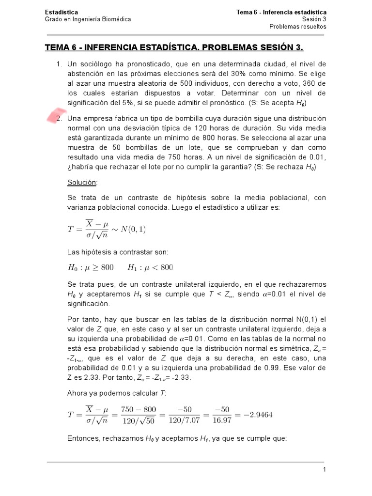 Tema 6. Inferencia Estadística. Problemas Sesión 3. Problemas Resueltos | PDF | Valor P | Prueba ...