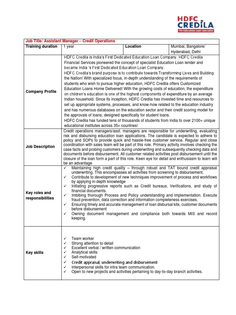 HDFC Credila - JD - Credit Operations | PDF | Loans | Underwriting