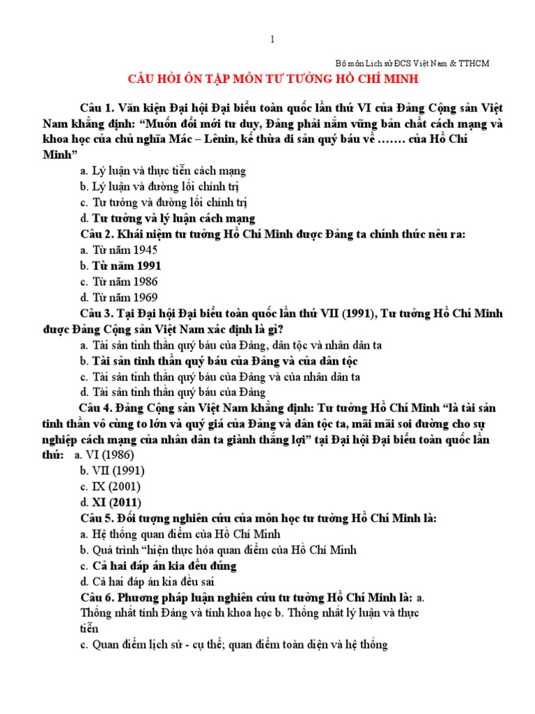 Cau Hoi On Tap TTHCM SV HK1 2020 | PDF