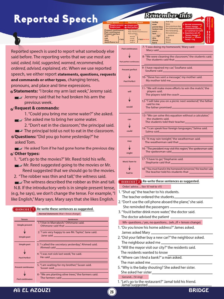 Quiz Exercises 9 Reported Speech 9 | PDF | Grammatical Tense | Syntax Quiz Exercises 9 Reported Speech 9 | PDF | Grammatical Tense | Syntax