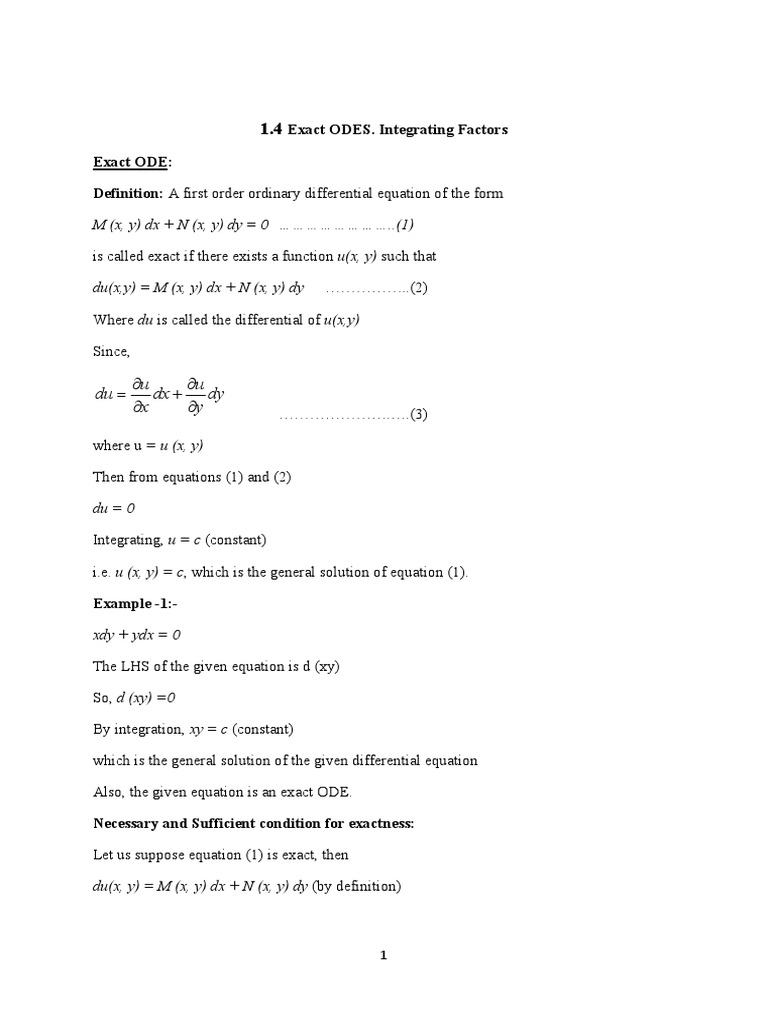 Exact ODE Solving with Integrating Factors | PDF | Ordinary Differential Equation | Equations