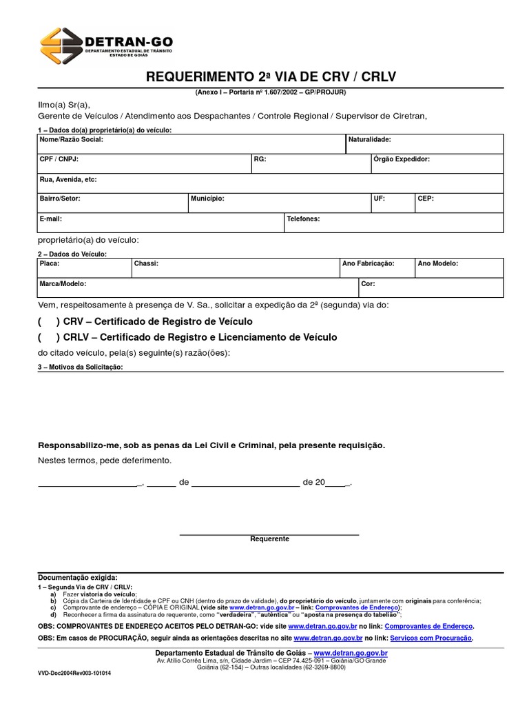 Requerimento 2a Via de CRV Ou CRLV | PDF