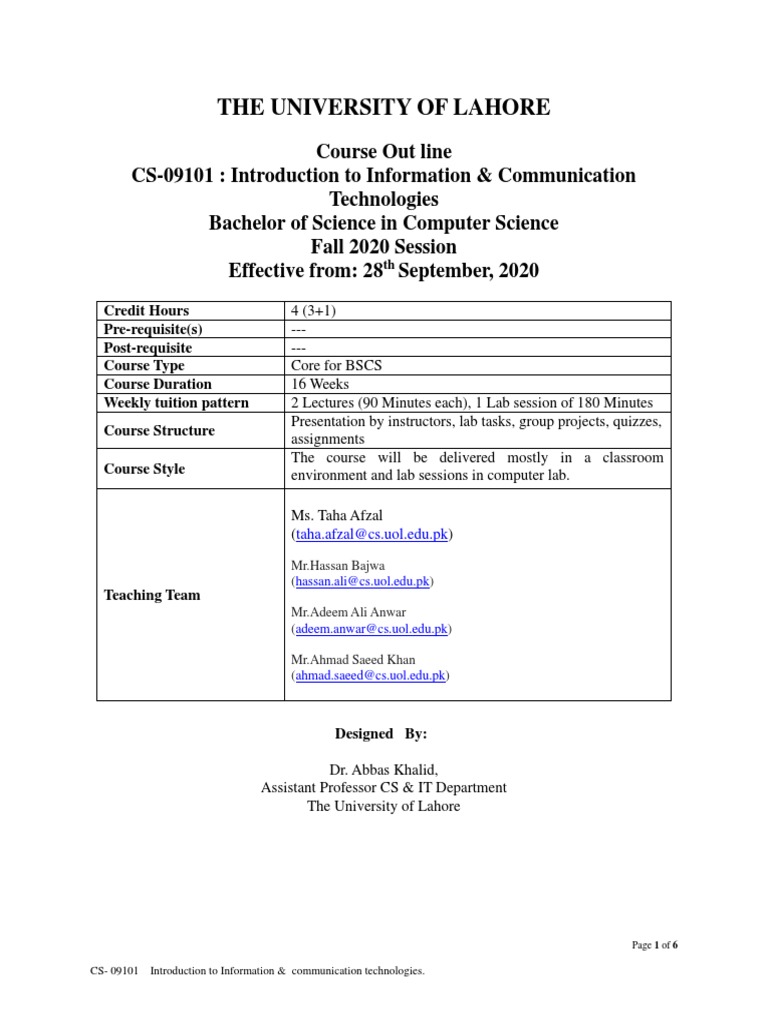 IICT - Course Outline - Fall 2020 | PDF | Random Access Memory | Computing