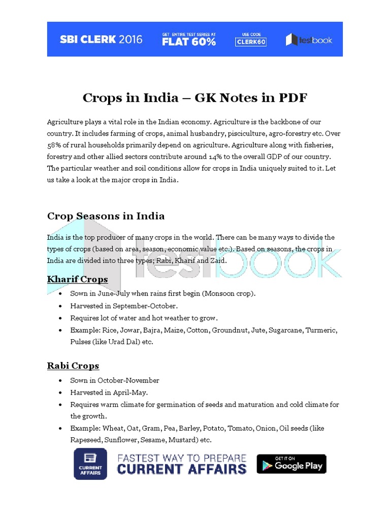 Crops in India GK Notes in PDF | PDF | Rice | Sugarcane