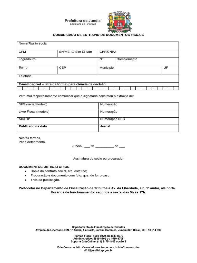 Comunicado de Extravio de Documentos Fiscais | PDF